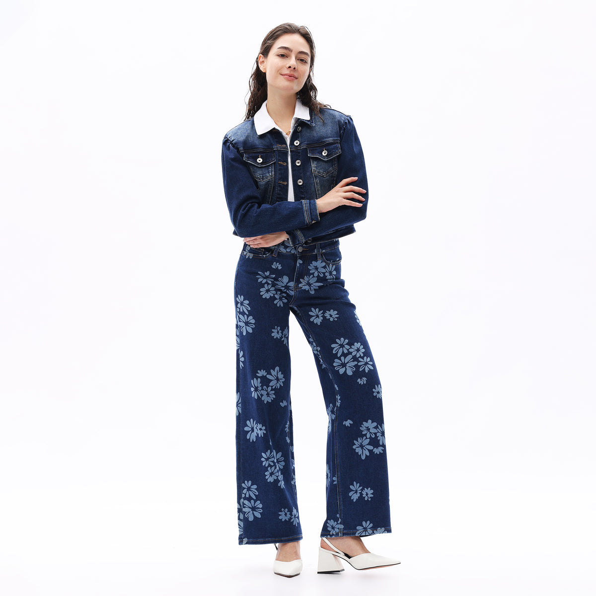 ONESO Women BBL Jeans Mid-Low Rise Wide Leg Stretch Baggy Printing Den ...